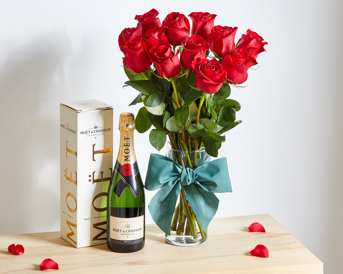 12 Red Roses & Moët | Roses Only UK